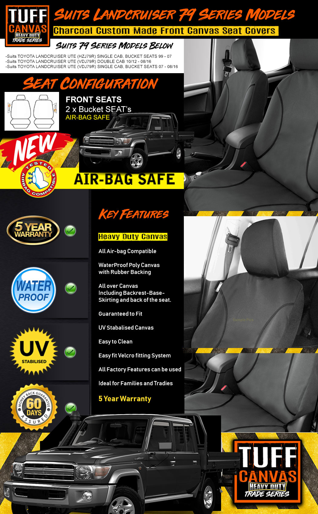 FRONT TUFF Canvas TRADE Seat Covers for Landcruiser 79 Series VDJ79R S ...