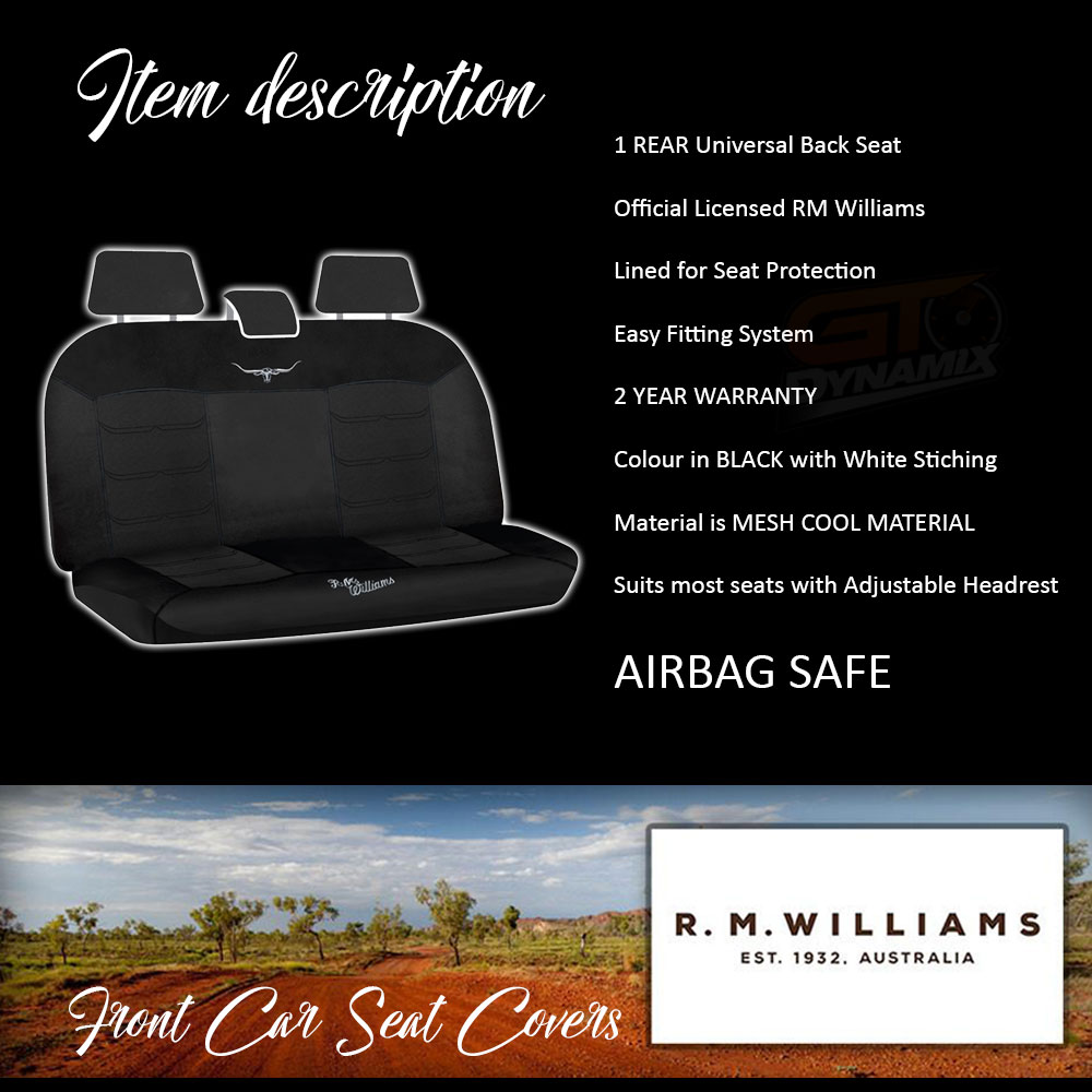 Black RM Williams Longhorn Cool Mesh REAR Car Seat Covers RMW White Stitching | eBay